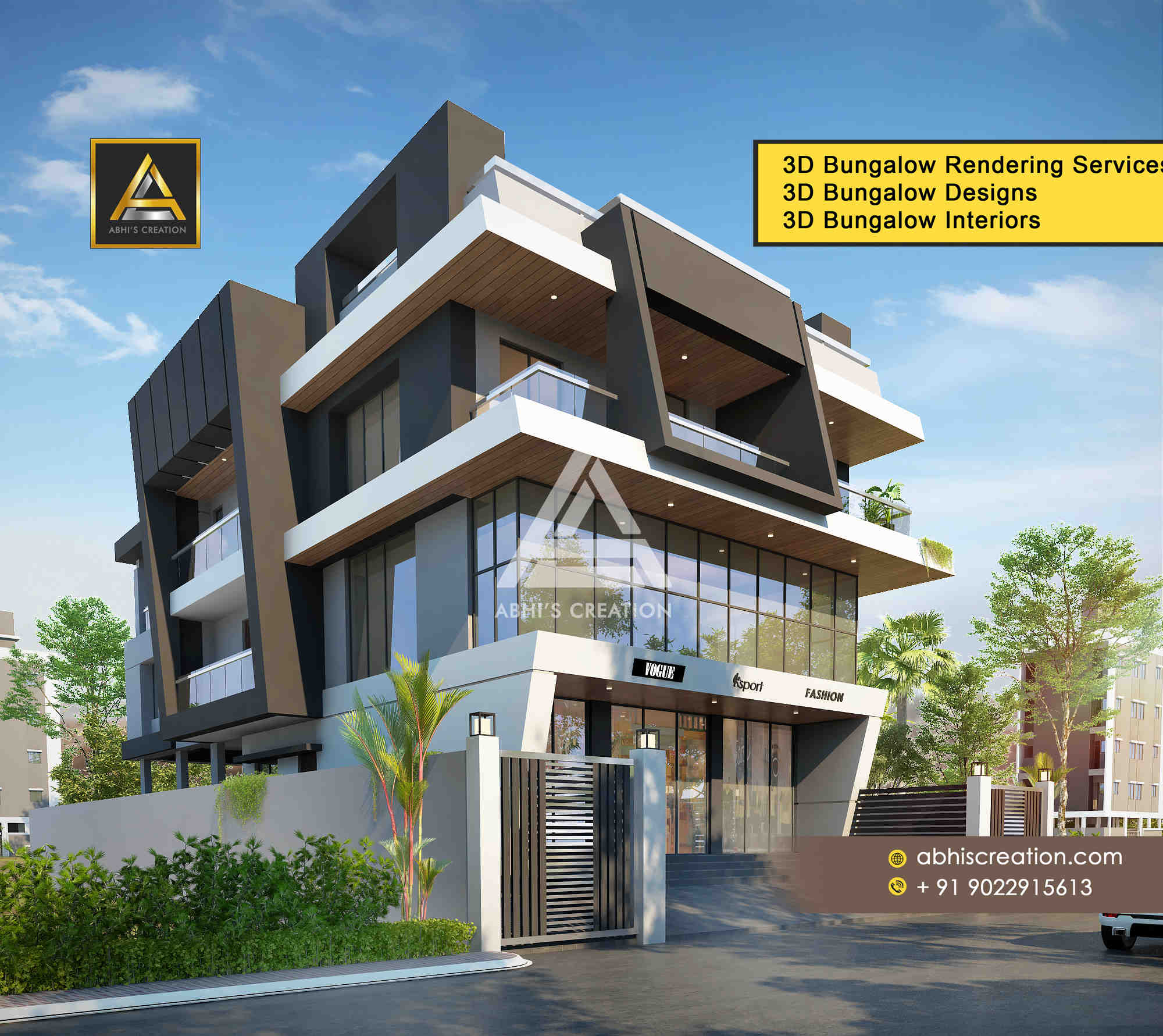 3D Bungalow Rendering | Bungalow Elevation Services | Abhi's Creation